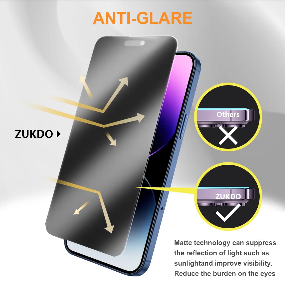 ZUKDO for iPhone 14 Pro Max 6.7" Matte Privacy Screen Protector with Camera Lens Protector full coverage Anti-glare anti-spy Tempered Glass Film anti-fingerprint no black border Easy Installation
