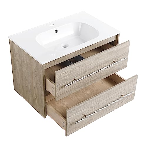 QuixotYDDZ 30" Wall-Mounted Bathroom Vanity Cabinet with Gel Sink Top, Single Sink Floating Bathroom Vanity with Two Drawers, Bathroom Storage Cabinet for Small Space, White Oak