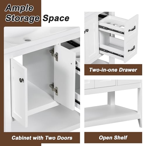 Lunanniu 30" Bathroom Vanity Without Sink, Freestanding Bathroom Vanity Cabinet No Sink 2 Soft Closing Door, Lower Open Shelf 1 Drawer with 2 Tiers Black Drawer Handle Modern Design White