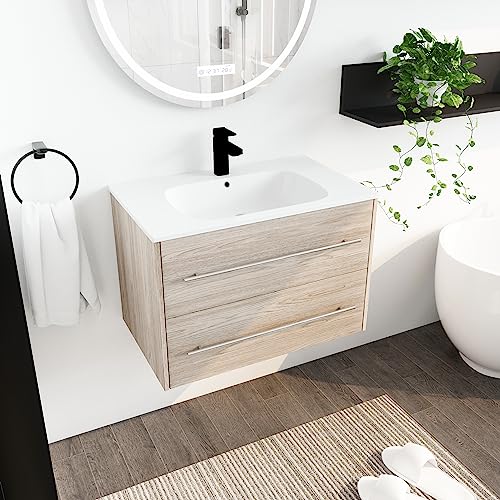 QuixotYDDZ 30" Wall-Mounted Bathroom Vanity Cabinet with Gel Sink Top, Single Sink Floating Bathroom Vanity with Two Drawers, Bathroom Storage Cabinet for Small Space, White Oak