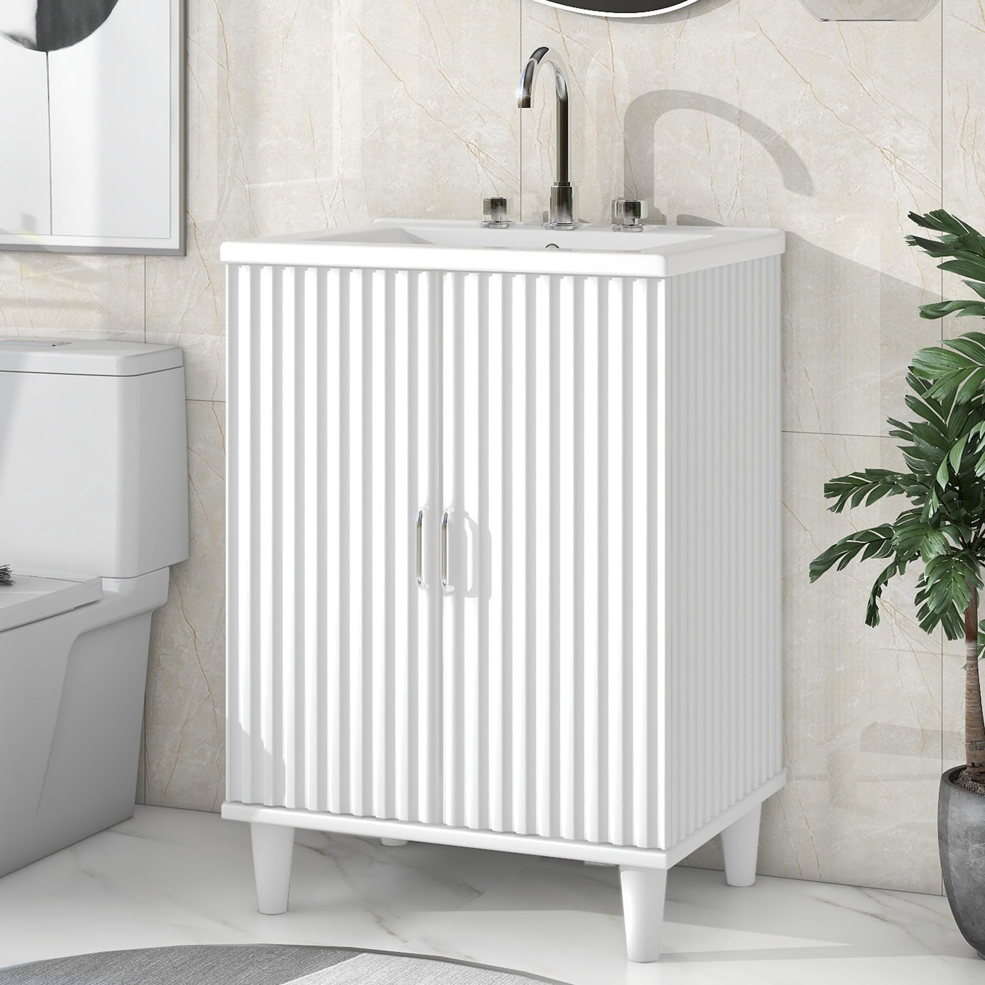 SIYSNKSI 24" Bathroom Vanity with Ceramic Sink, Bathroom Vanity Cabinet with 2 Doors and Adjustable Shelves, Solid Wood Combo Cabinet for Bathroom, Small Space (White + Solid Wood+MDF 07)