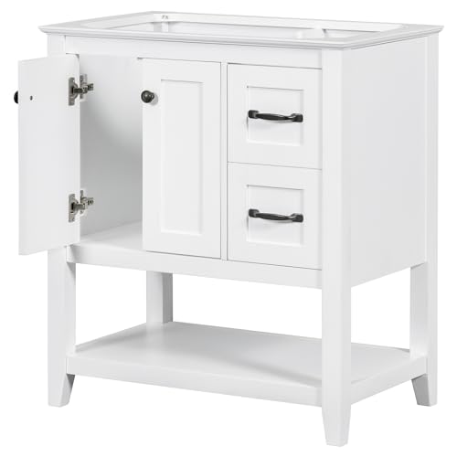 Lunanniu 30" Bathroom Vanity Without Sink, Freestanding Bathroom Vanity Cabinet No Sink 2 Soft Closing Door, Lower Open Shelf 1 Drawer with 2 Tiers Black Drawer Handle Modern Design White