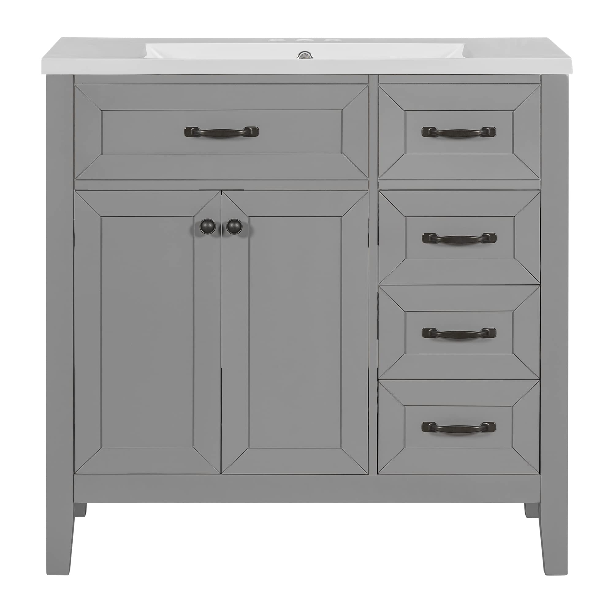 Tomkate 36" Bathroom Vanity with Sink Combo, Modern Freestanding Bathroom Vanities with 2 Doors and 3 Drawers, Bathroom Vanity Cabinet with Ceramic Sink for Bathroom, Grey