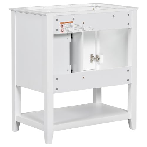 Lunanniu 30" Bathroom Vanity Without Sink, Freestanding Bathroom Vanity Cabinet No Sink 2 Soft Closing Door, Lower Open Shelf 1 Drawer with 2 Tiers Black Drawer Handle Modern Design White