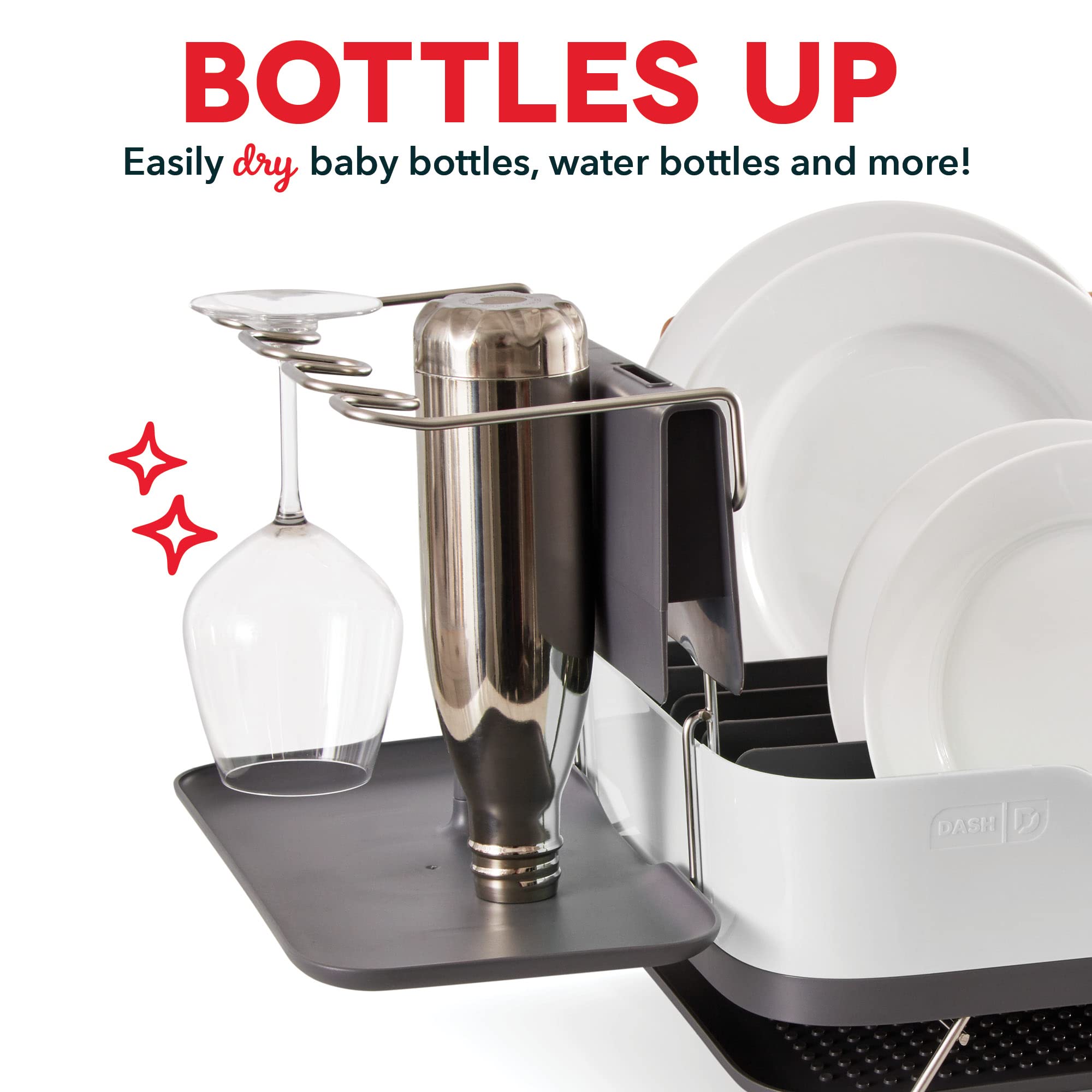 DASH SmartStore™ Full Size Dish Rack – Plates, Cups, Utensil Holder, Knife Slot, Drainage Spout + Drying Mat – White