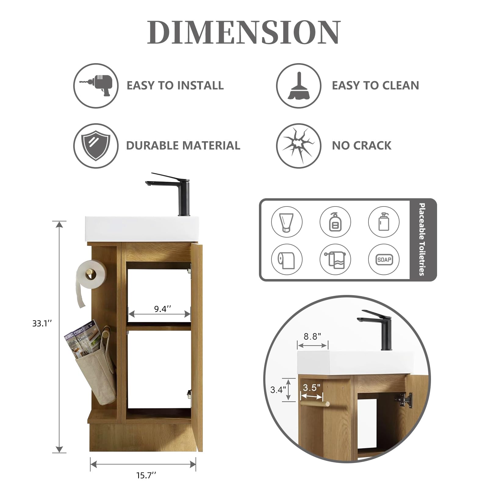 JINDOLI 16“ Bathroom Vanity Sink Combo for Small Space, Modern Floor-standing Small Bathroom Vanity with Sink, Small Bathroom Sink Cabinet Set with 2 Toilet Paper Holders, Snaefell Oak
