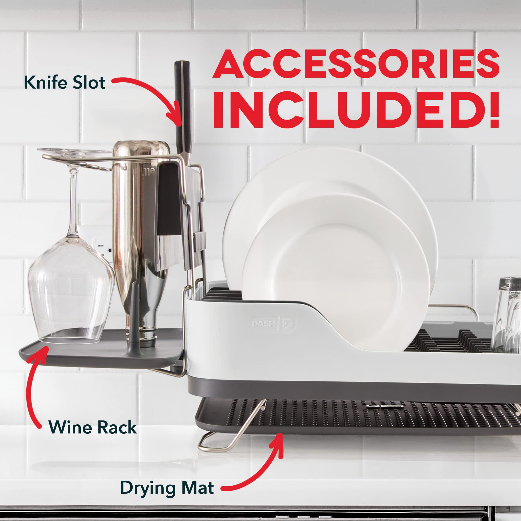 DASH SmartStore™ Full Size Dish Rack – Plates, Cups, Utensil Holder, Knife Slot, Drainage Spout + Drying Mat – White