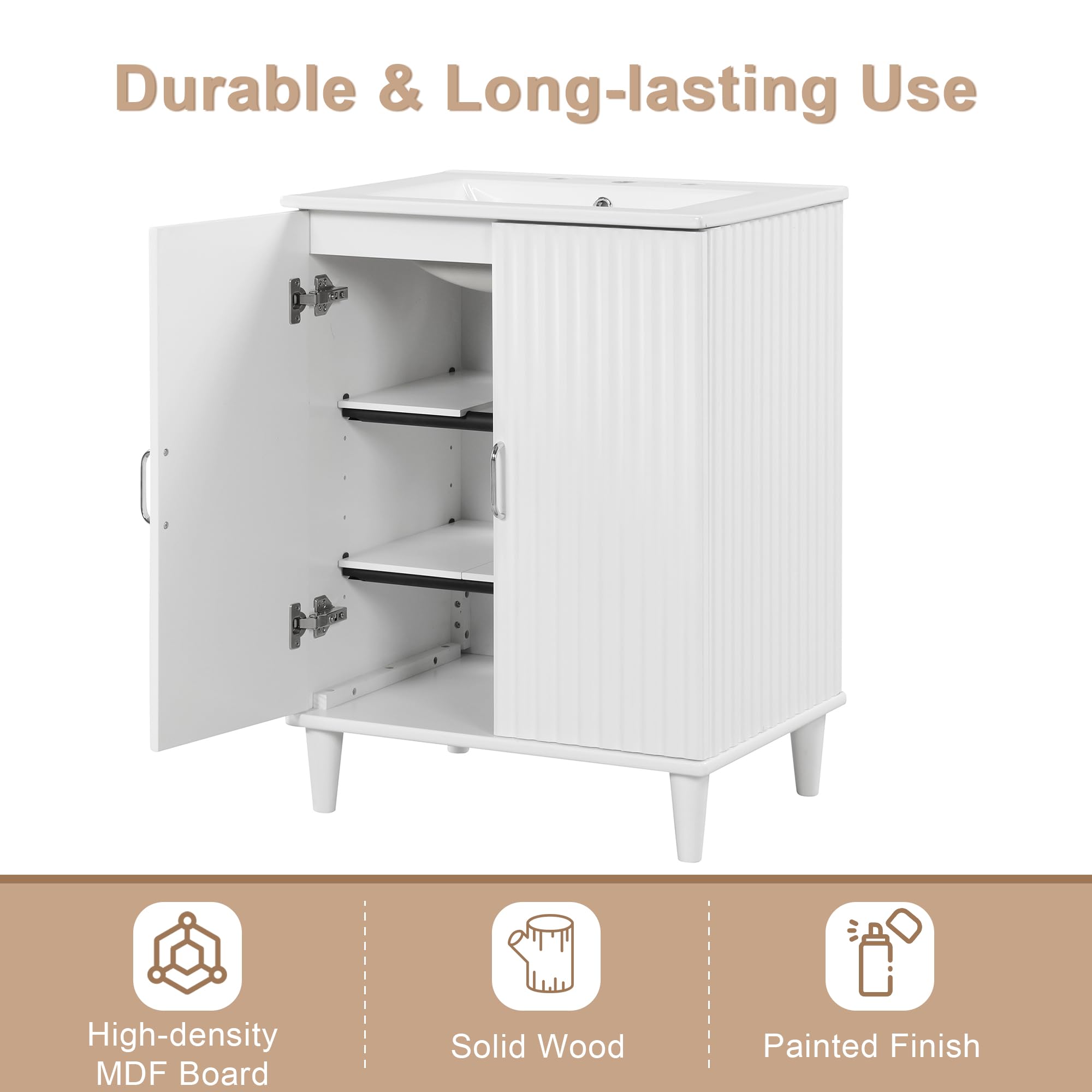 SIYSNKSI 24" Bathroom Vanity with Ceramic Sink, Bathroom Vanity Cabinet with 2 Doors and Adjustable Shelves, Solid Wood Combo Cabinet for Bathroom, Small Space (White + Solid Wood+MDF 07)