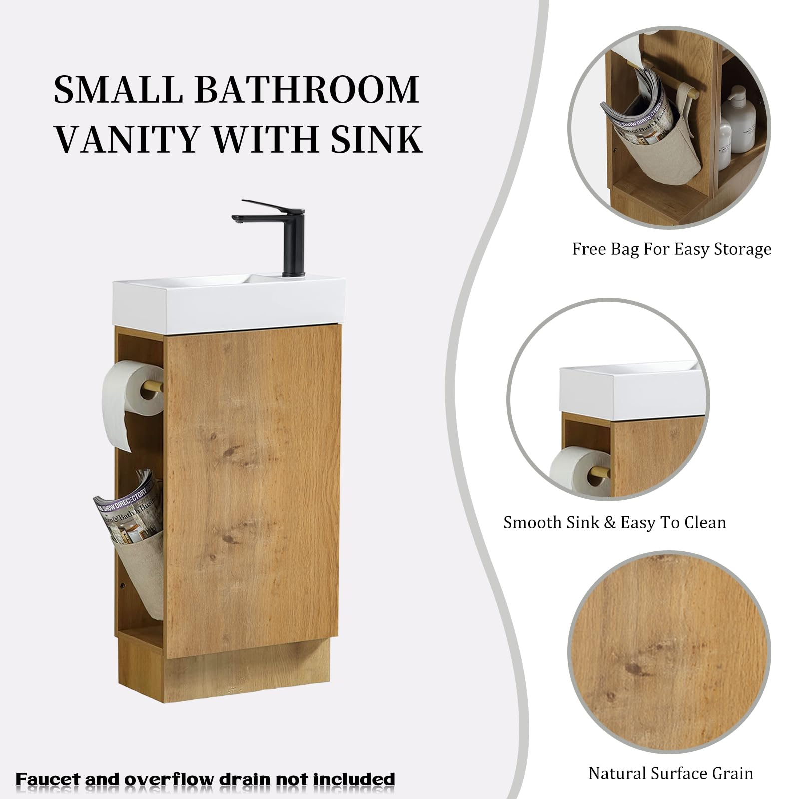JINDOLI 16“ Bathroom Vanity Sink Combo for Small Space, Modern Floor-standing Small Bathroom Vanity with Sink, Small Bathroom Sink Cabinet Set with 2 Toilet Paper Holders, Snaefell Oak