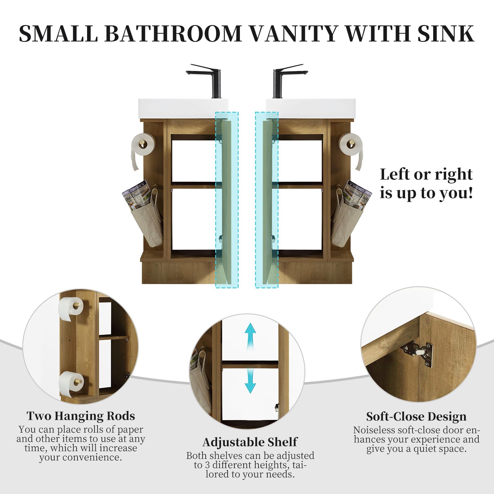 JINDOLI 16“ Bathroom Vanity Sink Combo for Small Space, Modern Floor-standing Small Bathroom Vanity with Sink, Small Bathroom Sink Cabinet Set with 2 Toilet Paper Holders, Snaefell Oak