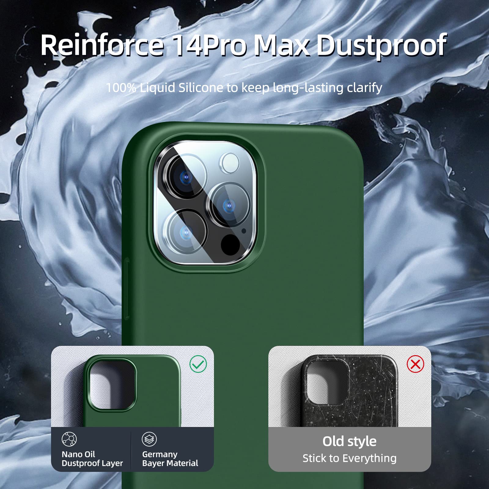 Dssairo [5 in 1 for iPhone 14 Pro Max Case 6.7, with 2 Pack Screen Protector + 2 Pack Camera Lens Protector, Liquid Silicone Slim Shockproof Protective Phone Case [Microfiber Lining] (Alpine Green)