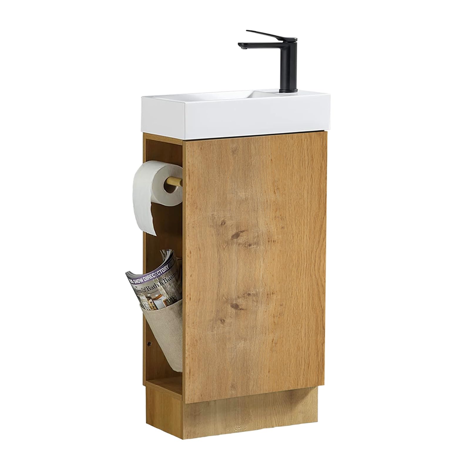 JINDOLI 16“ Bathroom Vanity Sink Combo for Small Space, Modern Floor-standing Small Bathroom Vanity with Sink, Small Bathroom Sink Cabinet Set with 2 Toilet Paper Holders, Snaefell Oak