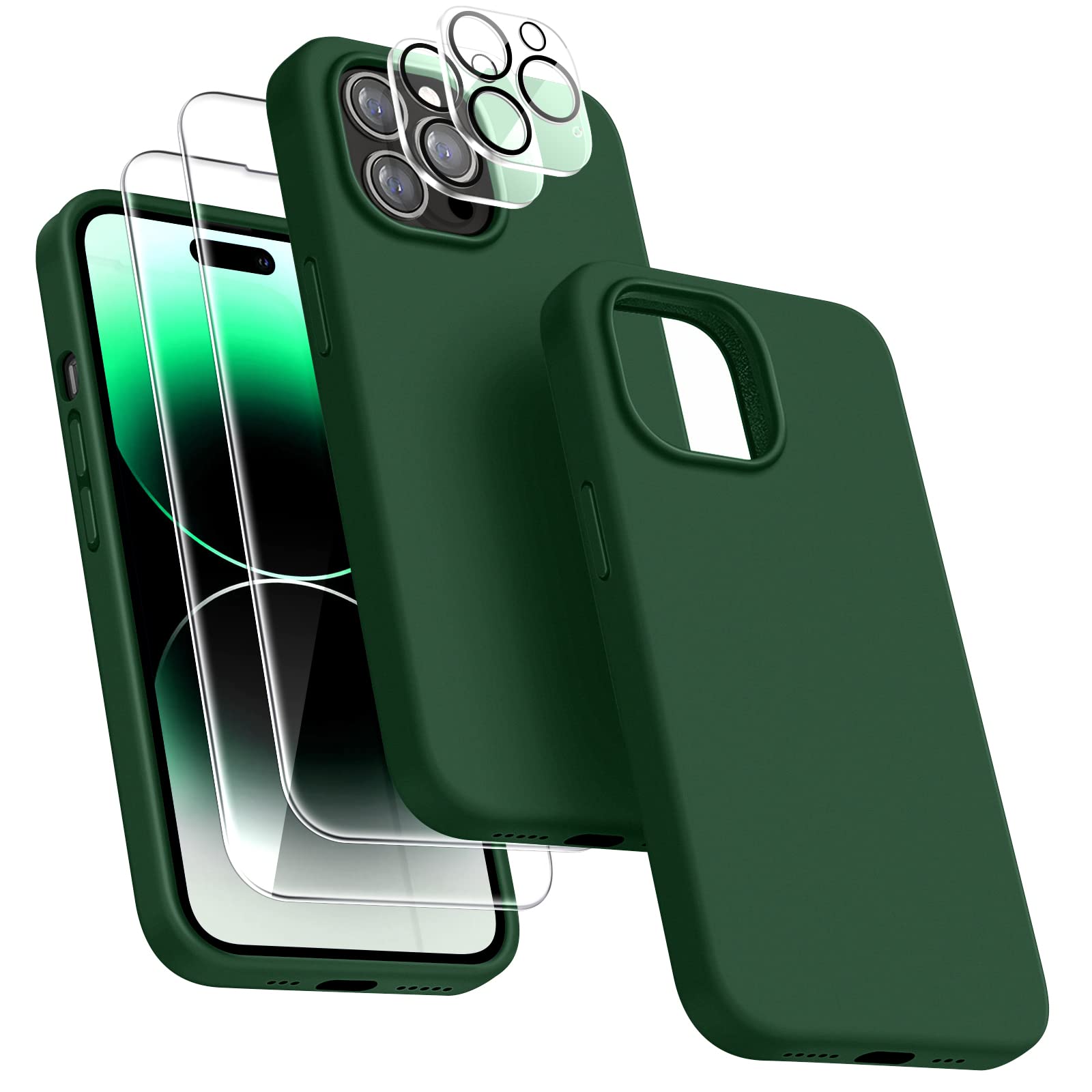 Dssairo [5 in 1 for iPhone 14 Pro Max Case 6.7, with 2 Pack Screen Protector + 2 Pack Camera Lens Protector, Liquid Silicone Slim Shockproof Protective Phone Case [Microfiber Lining] (Alpine Green)