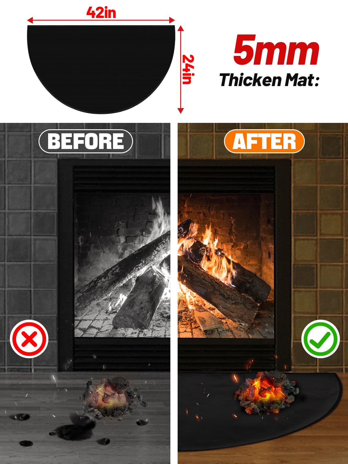 24'' x 42'' Upgraded Thickened Fireplace Mat, Half Round Fire Resistant Mat, Fireproof Rug Retardant Hearth Pad for Fireplace Wood Stove, Protect Floor from Sparks Embers Indoor Outdoor