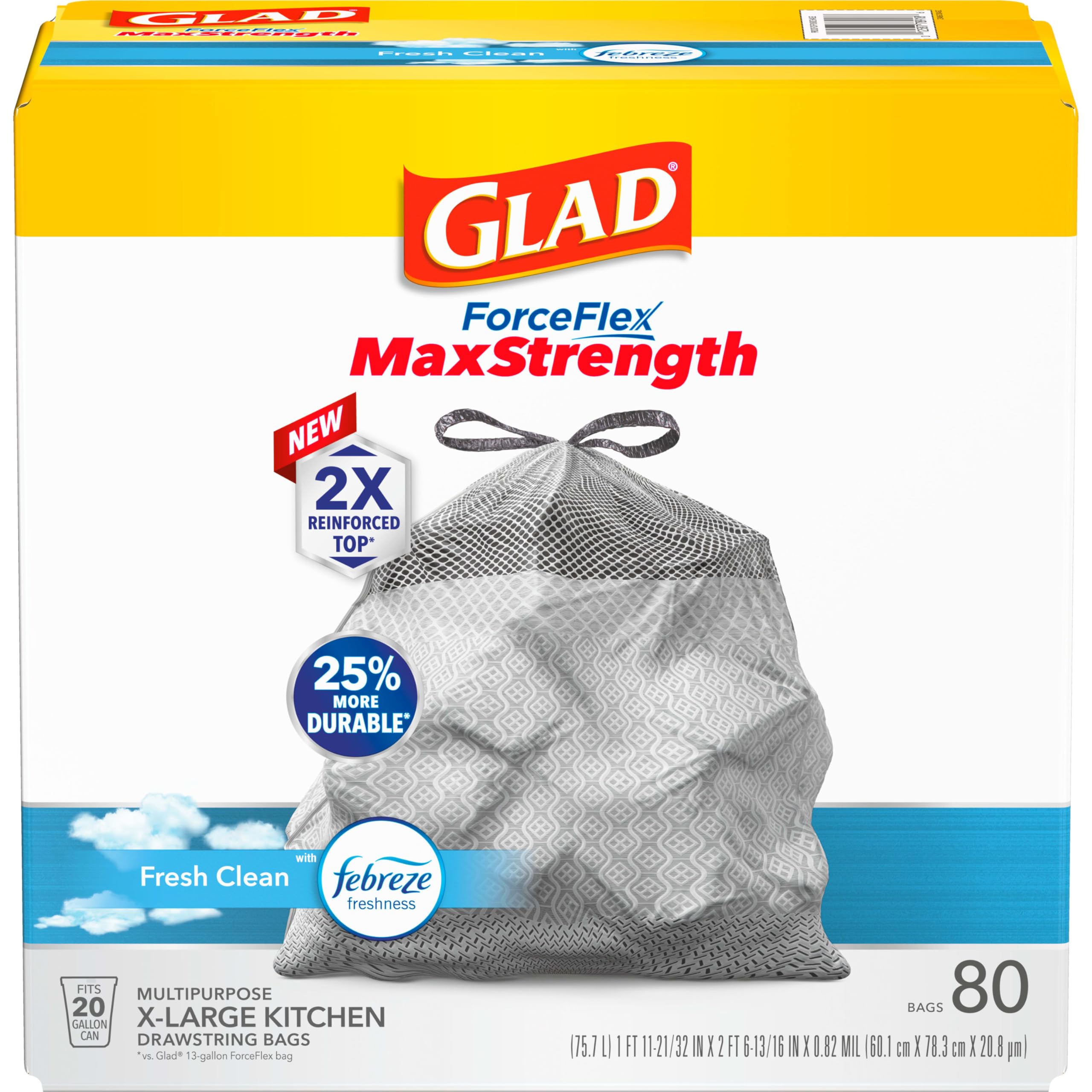 GLAD ForceFlexPlus XL X-Large Kitchen Drawstring Trash Bags, 20 Gallon Grey Trash Bag for Large Kitchen Trash Can, Fresh Clean with Febreze Freshness and Leak Protection, 80 Count (Package May Vary)