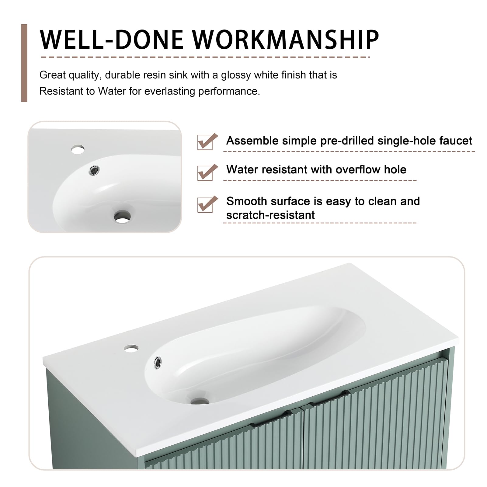 36" Wall Mounted Bathroom Vanity and Sink Combo, Floating Bathroom Vanity Storage Cabinet Set with Drop-Shaped Resin Sink Top & Soft Close Door Modern Bathroom Vanity Set for Small Space, Green
