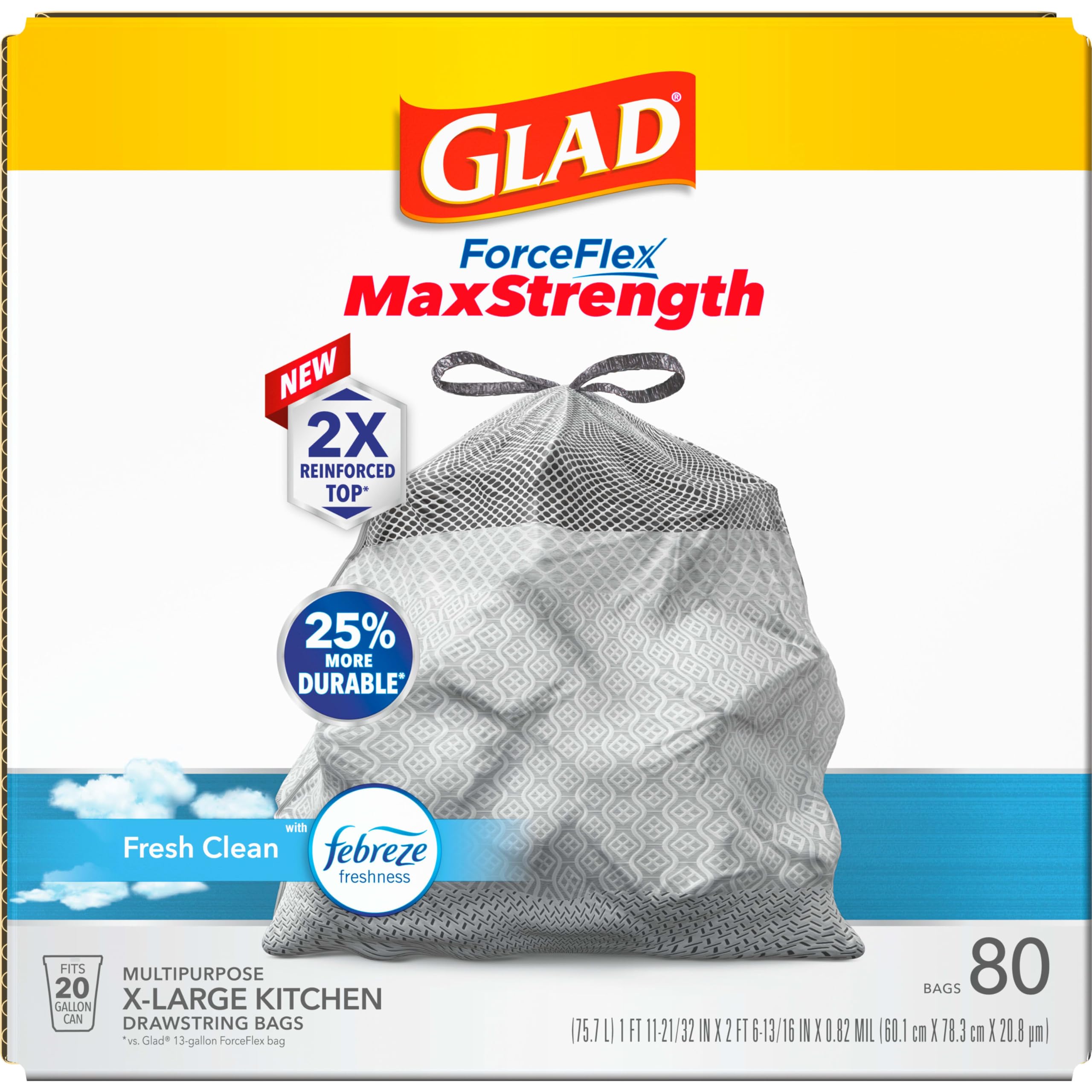 GLAD ForceFlexPlus XL X-Large Kitchen Drawstring Trash Bags, 20 Gallon Grey Trash Bag for Large Kitchen Trash Can, Fresh Clean with Febreze Freshness and Leak Protection, 80 Count (Package May Vary)