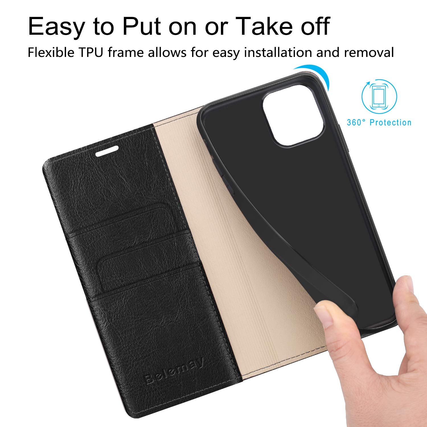 Belemay Compatible with iPhone 14 Pro Max Case Wallet-Genuine Leather Flip Case-RFID Blocking Card Holders-Shockproof TPU Shell Folio Cover Women Men Compatible with iPhone 14 Pro Max (6.7-inch) Black