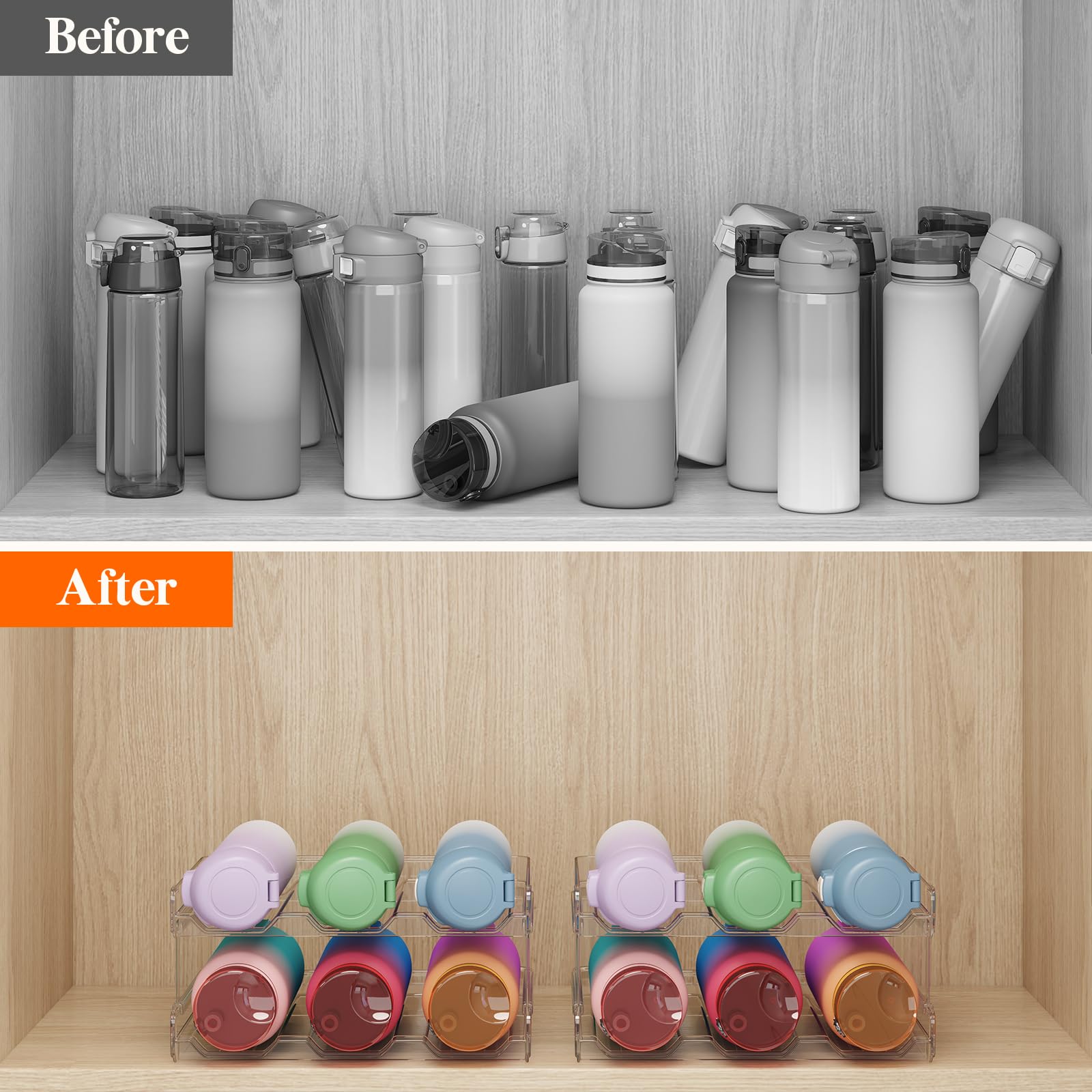 Lifewit Stackable Water Bottle Organizer for Cabinet, Freezer, Pantry - Plastic Cup Holder, Wine Racks for Kitchen Tabletop Storage, Cupboard, Office - Pack of 2, Each Rack Holds 3 Containers