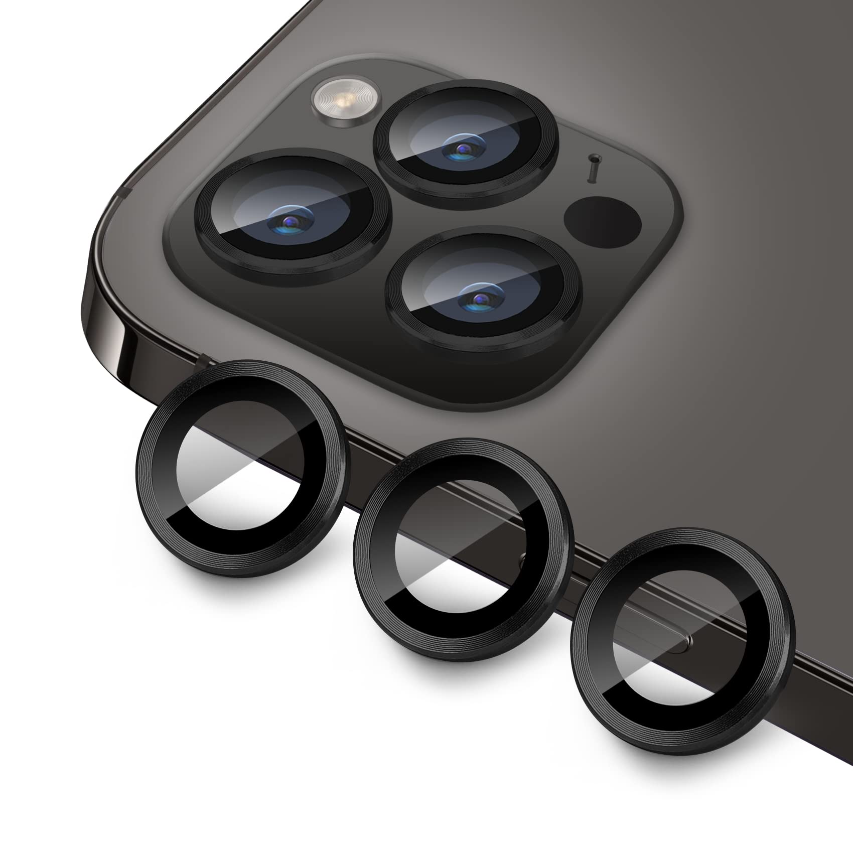 Hsefo Compatible with iPhone 14 Pro / 14 Pro Max Camera Lens Protector, Anti-Scratch Lens Cover 9H Tempered Glass Metal Camera Screen Protector Shockproof Camera Ring - 3 Pcs Black