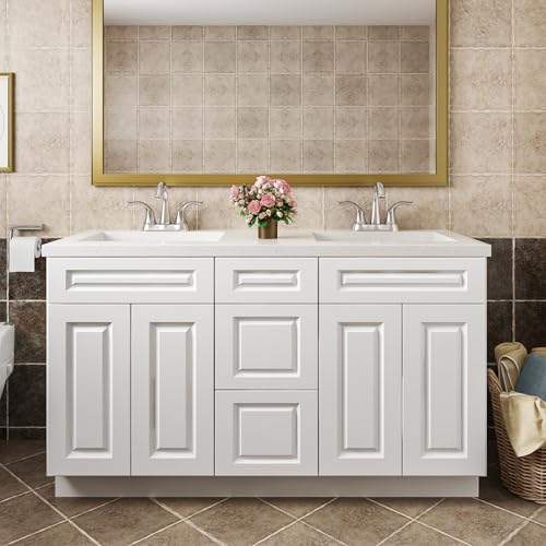 ROOMTEC 60" Assembled Double Sink Bathroom Vanity Base Cabinet with Drawers and Soft-Close Doors, Large Capacity Storage for Laundry, Kitchen, Shower & Utility Rooms