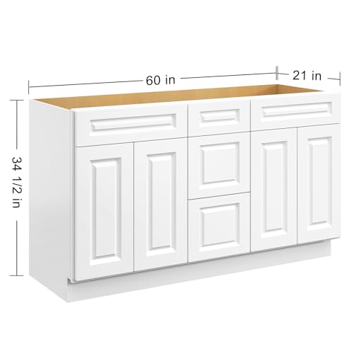 ROOMTEC 60" Assembled Double Sink Bathroom Vanity Base Cabinet with Drawers and Soft-Close Doors, Large Capacity Storage for Laundry, Kitchen, Shower & Utility Rooms