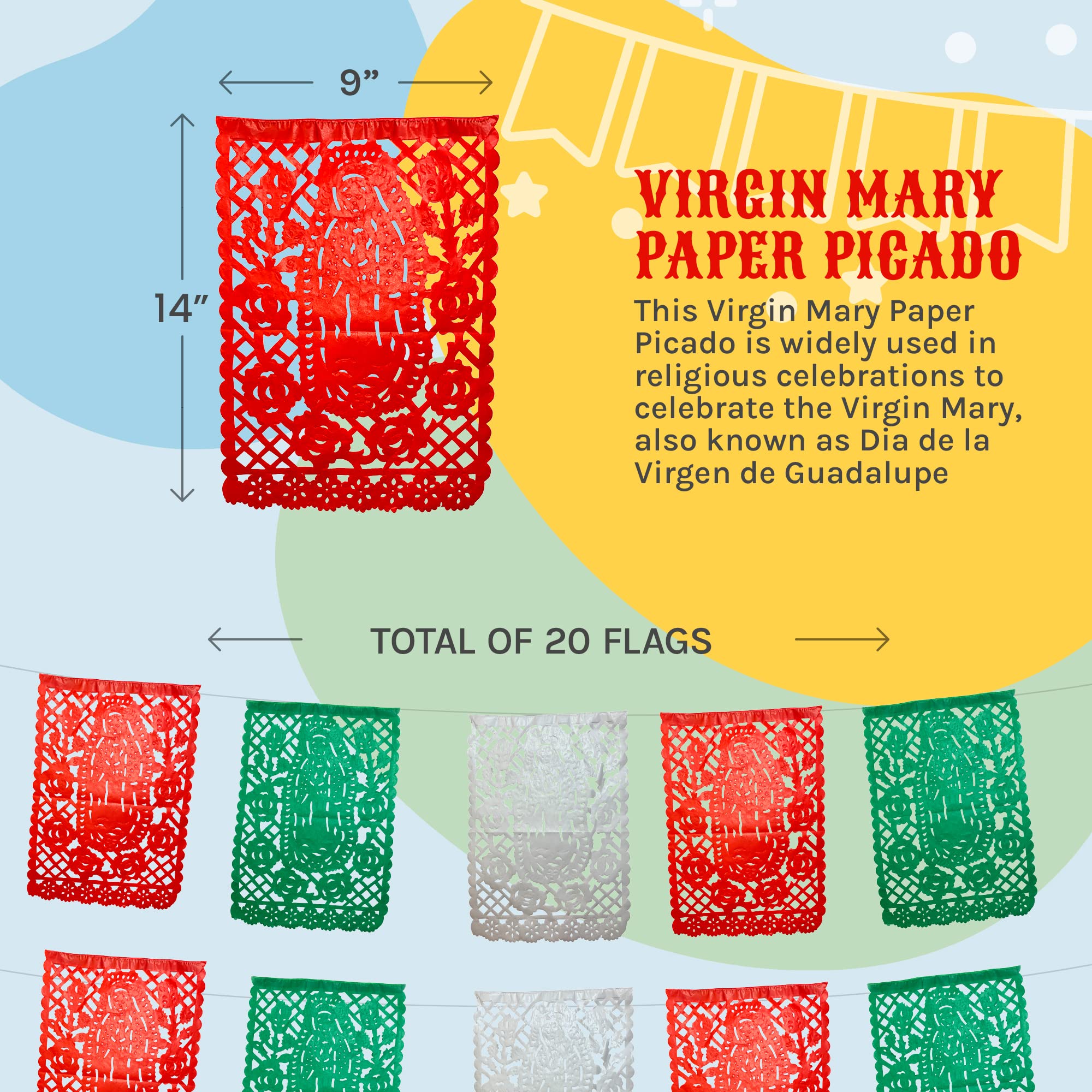 TexMex Fun Stuff - Mexican Banner Decorations, Mexican Party Decorations, Mexican Banner Papel Picado, Virgin of Guadalupe, Paper, 14 x 9 Inches per Flag, Set of 2