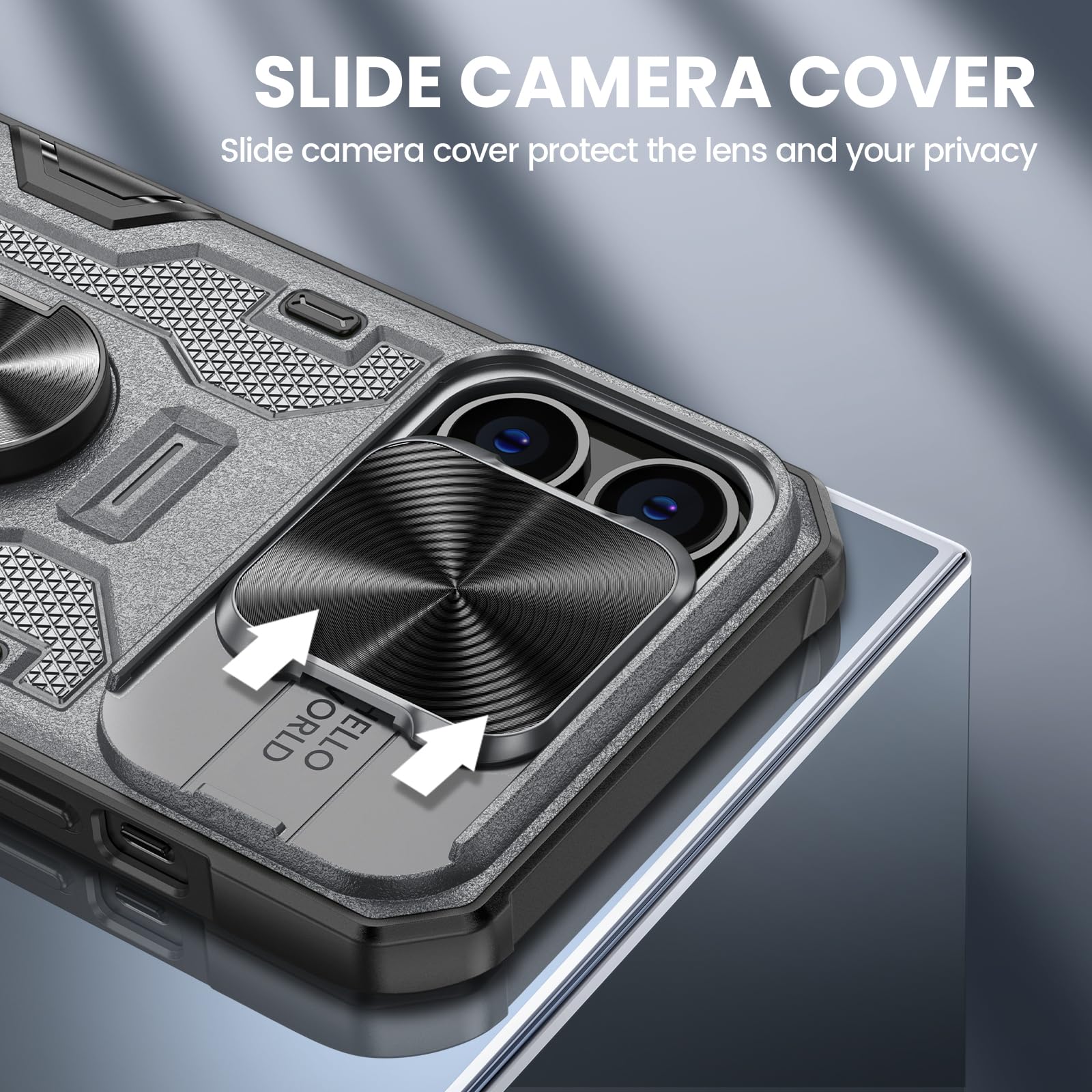 VEGO iPhone 14 Pro Max Case with Slide Camera Cover, Built-in 360 Rotate Ring Kickstand, Magnetic Protective Cover, Grey