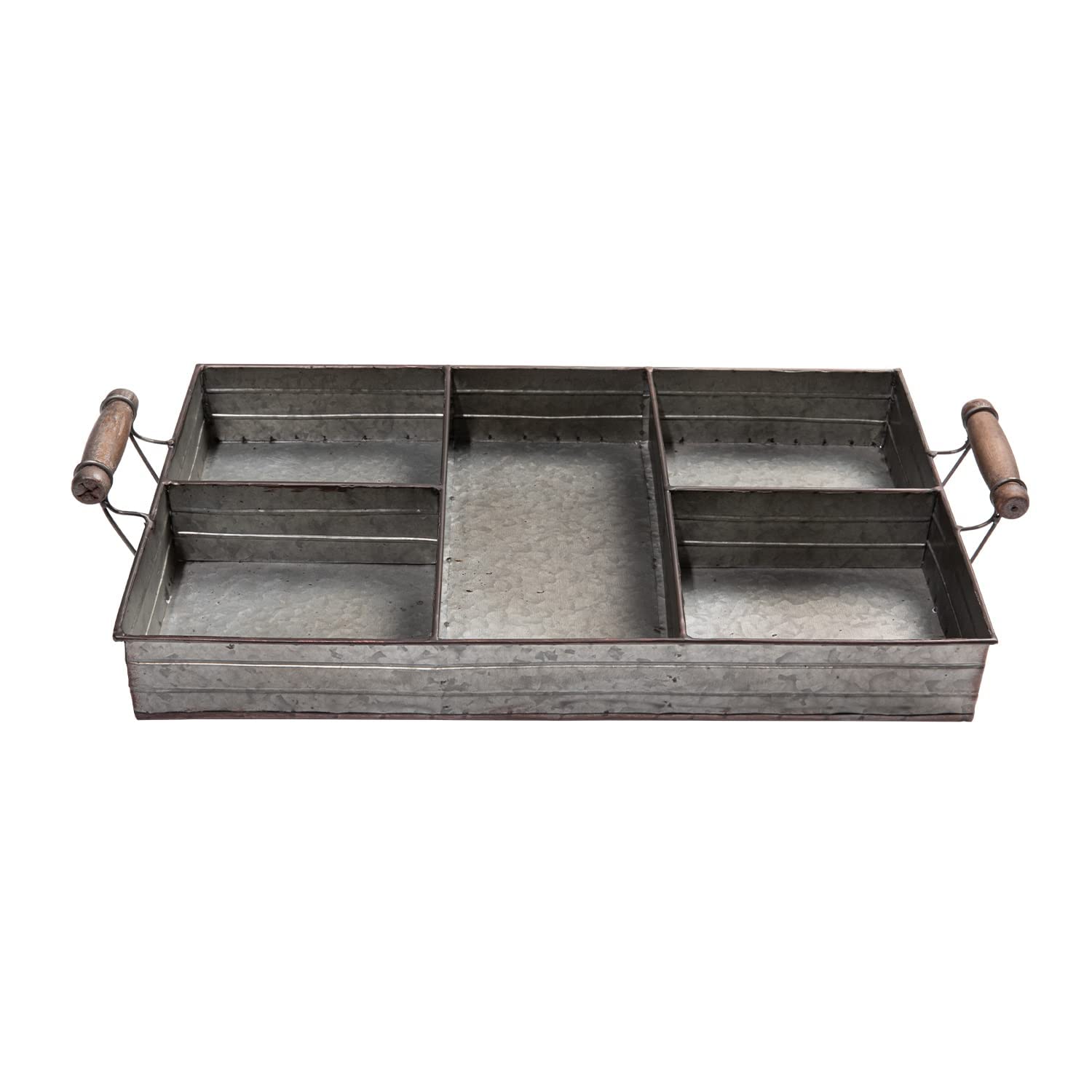 HOMPUS Galvanized Metal Storage Tray with Dividers Rustal Farmhouse Desk Organizer with Handle, Decorative Silverware Drawer Caddy with 5 Compartments for Home, Kitchen, Living Room or Office