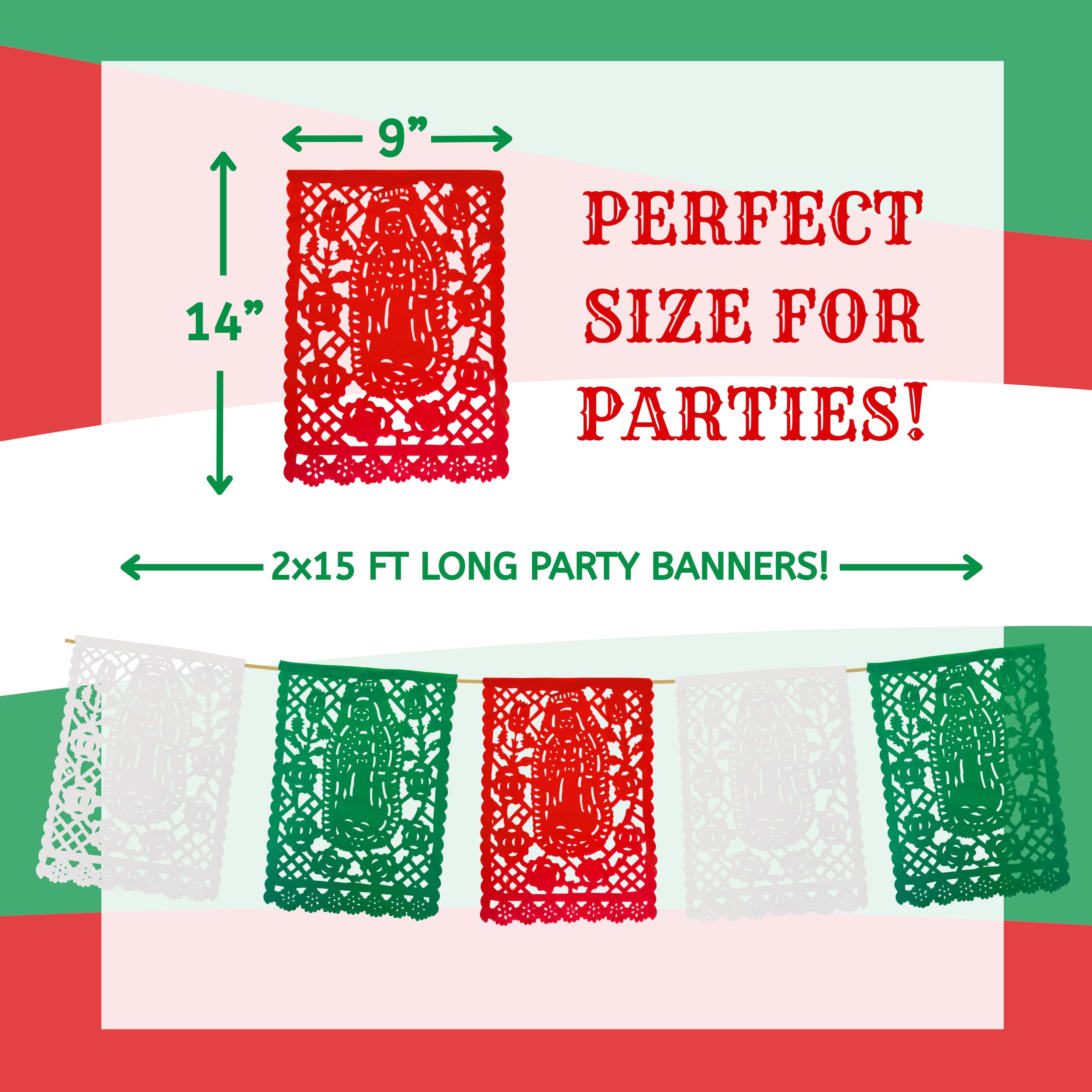 TexMex Fun Stuff - Mexican Banner Decorations, Mexican Party Decorations, Mexican Banner Papel Picado, Virgin of Guadalupe, Paper, 14 x 9 Inches per Flag, Set of 2