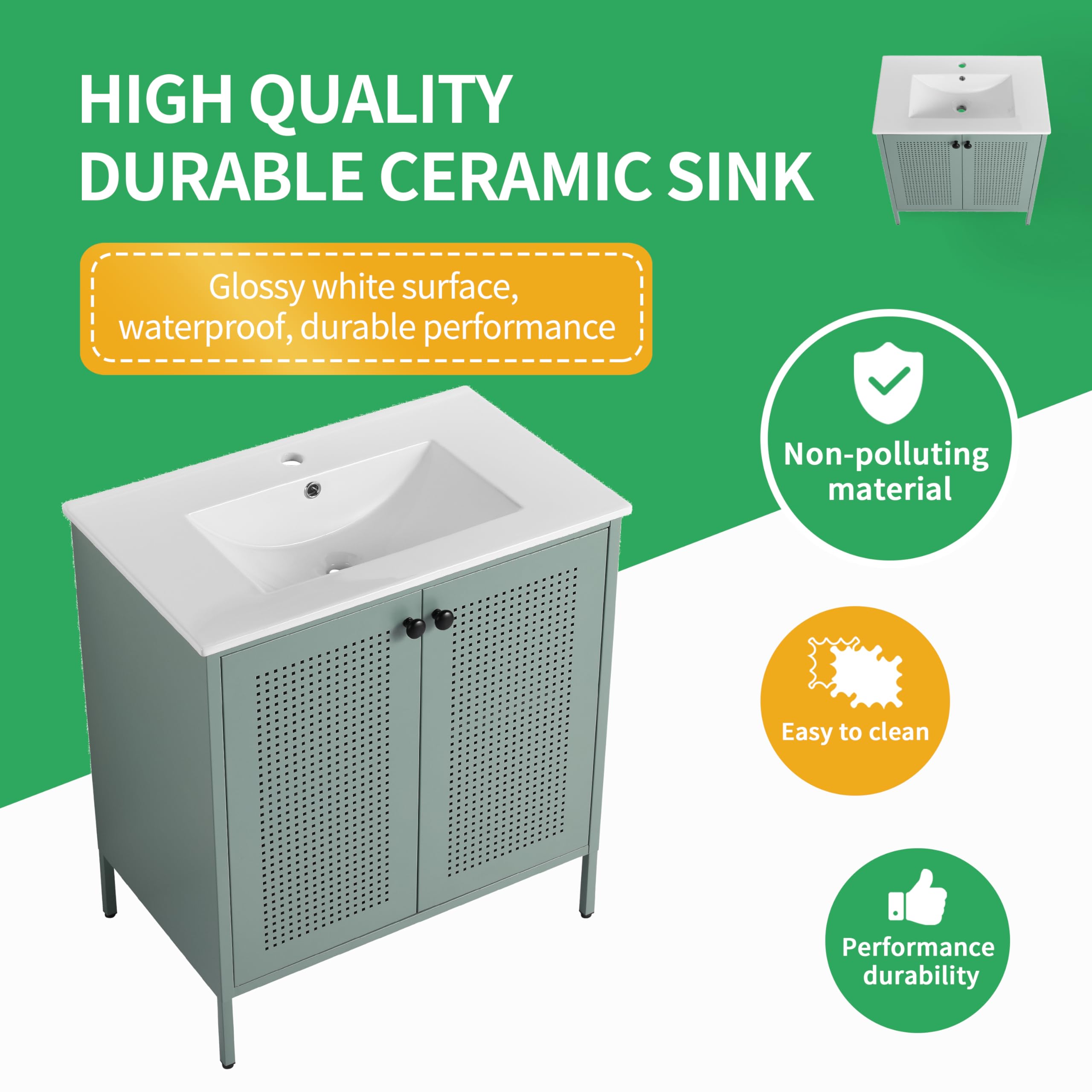 San Merah 30 Inch Bathroom Vanity with Sink Combo,Floor-Mounted Bathroom Vanity with Soft Close Doors&Adjustable Shelf,Modern Freestanding Bathroom Vanity with Top Basin & Storage Cabinet,Green