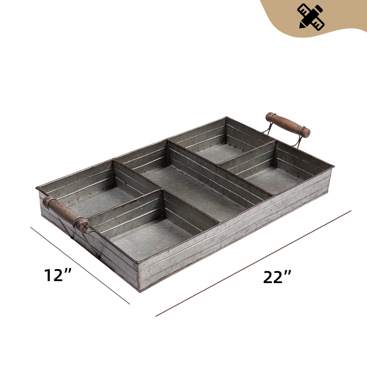 HOMPUS Galvanized Metal Storage Tray with Dividers Rustal Farmhouse Desk Organizer with Handle, Decorative Silverware Drawer Caddy with 5 Compartments for Home, Kitchen, Living Room or Office