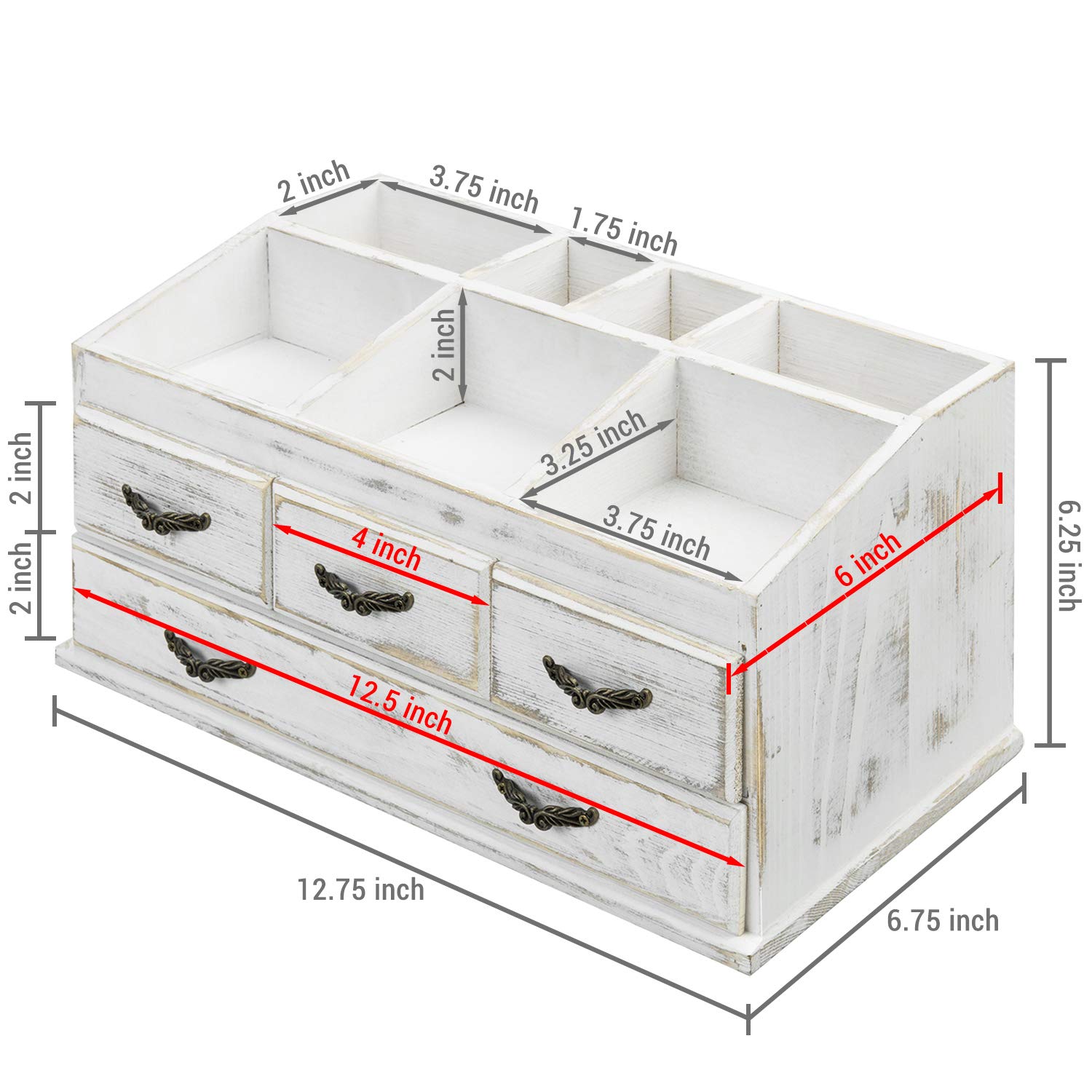 MyGift 7-Compartment Shabby Whitewashed Solid Wood Jewelry/Cosmetics Vanity Organizer Rack with 4 Vintage Storage Drawers