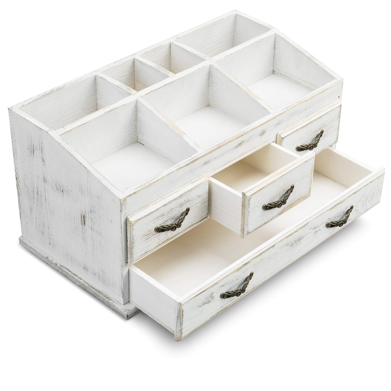 MyGift 7-Compartment Shabby Whitewashed Solid Wood Jewelry/Cosmetics Vanity Organizer Rack with 4 Vintage Storage Drawers
