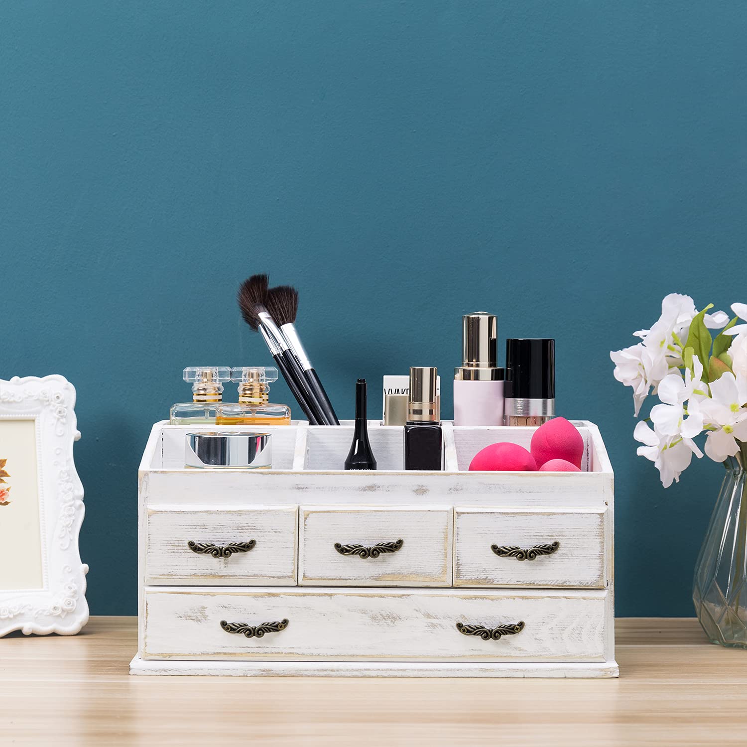 MyGift 7-Compartment Shabby Whitewashed Solid Wood Jewelry/Cosmetics Vanity Organizer Rack with 4 Vintage Storage Drawers