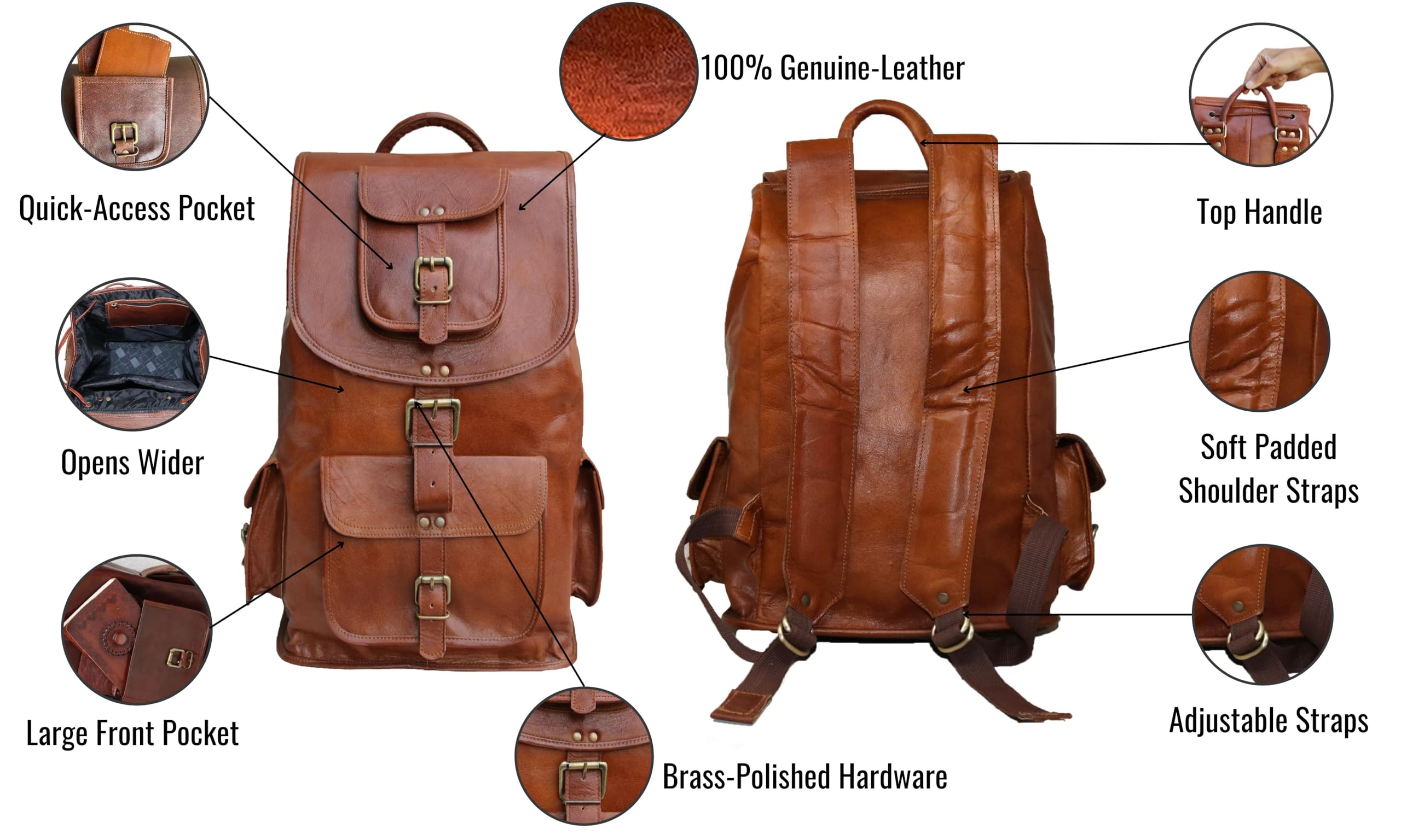 jaald 18" Leather Backpack Travel rucksack knapsack daypack Bag for men women