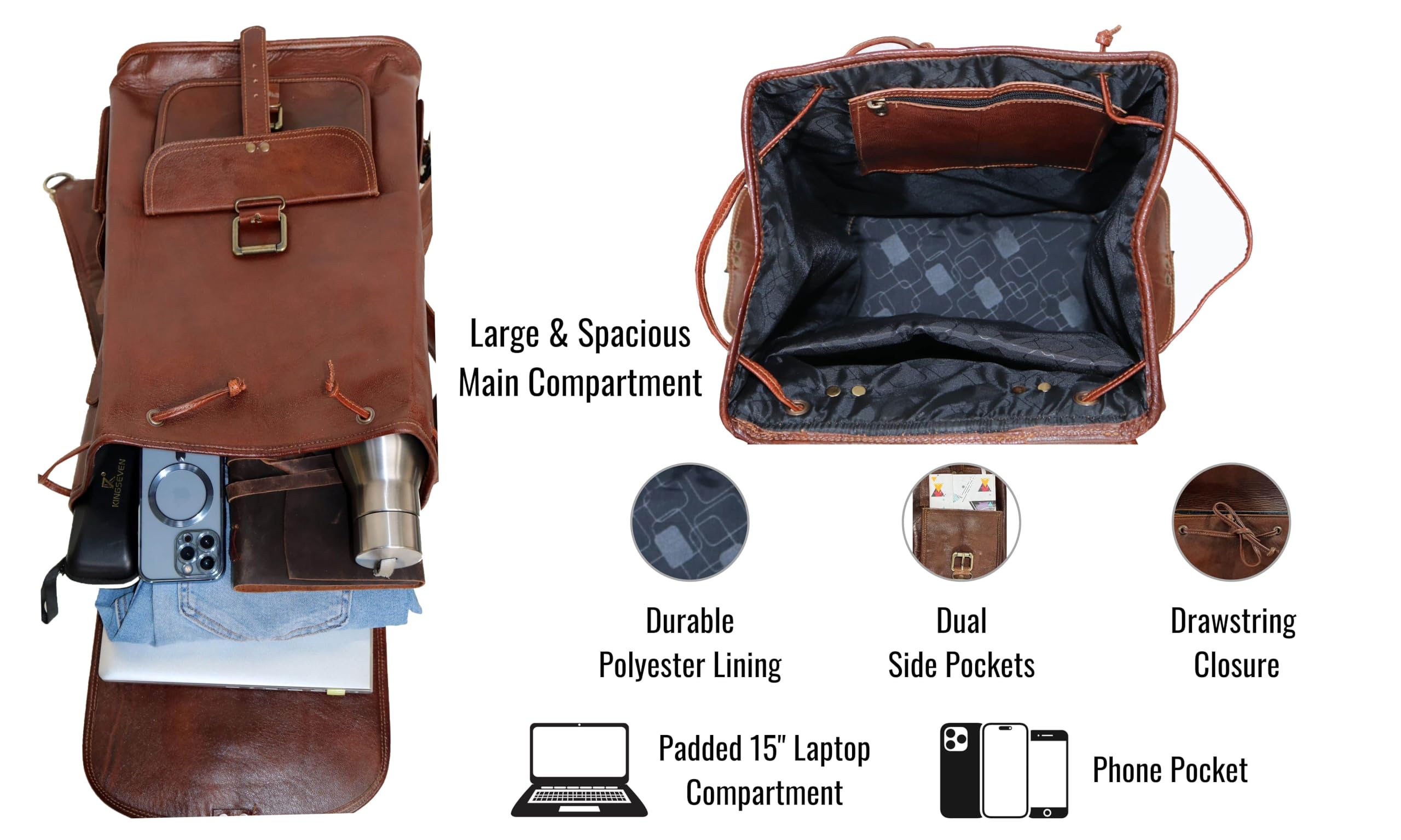 jaald 18" Leather Backpack Travel rucksack knapsack daypack Bag for men women