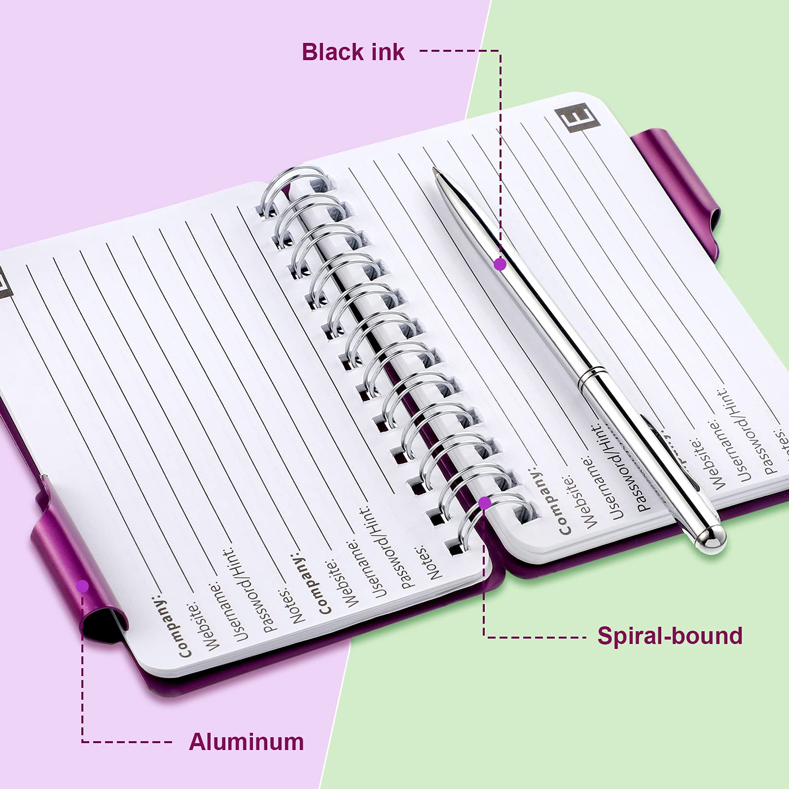 2 Pieces Portable Password Book Password Organizer Notebook Elegant Mandala Pattern Password Book Keeper with Pen, Spiral Bound Notebook for Password Information (Black, Purple)