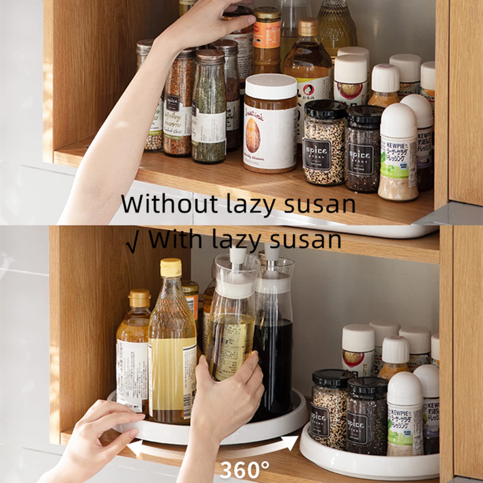 11.42 Inch Lazy Susuan Turntable Organizer with Heighten Edge, Non Skid Rotating Display Stand Tray Storage for Cabinet, Countertop, Kitchen, Spice, Bathroom, White/Gray
