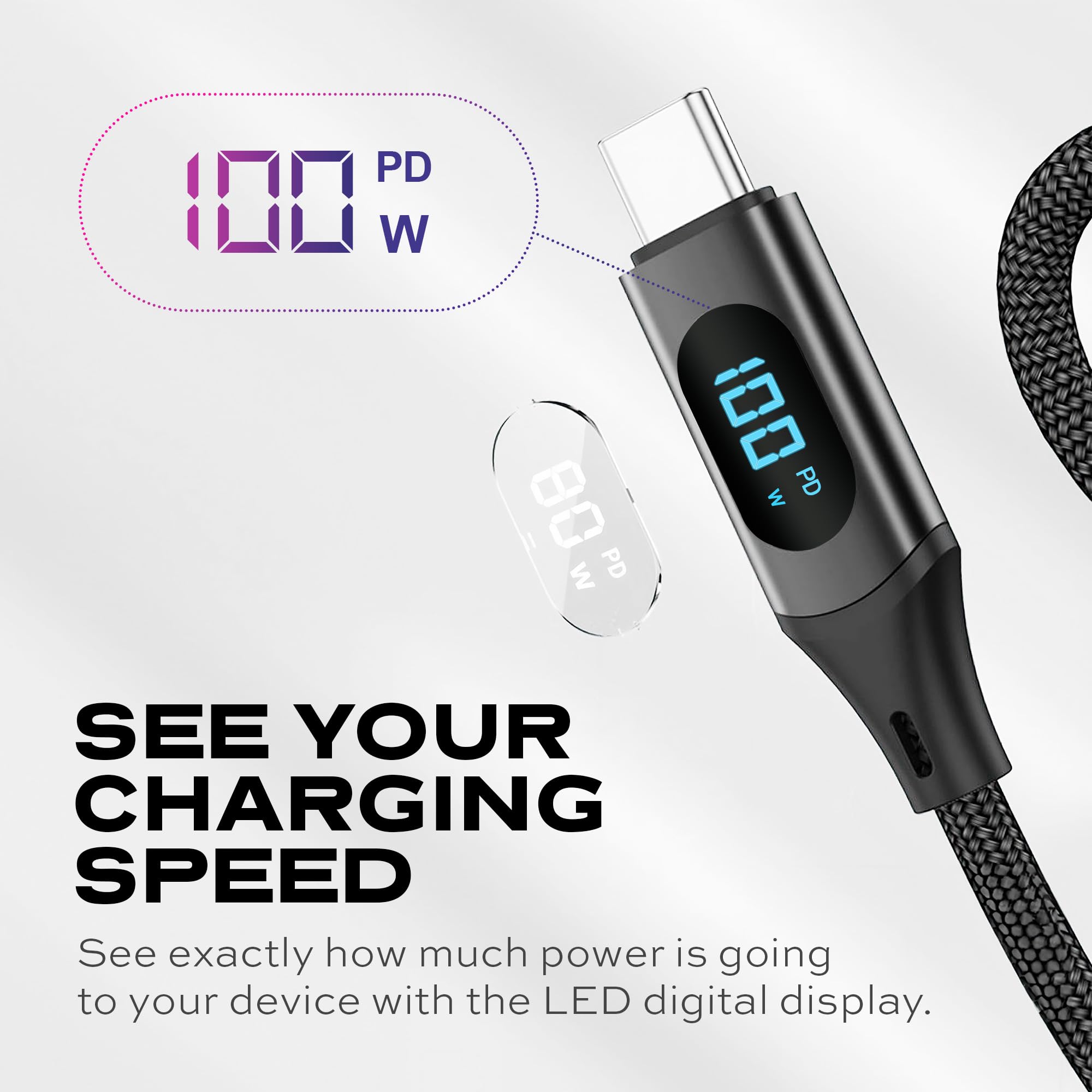 Statik TruCharge 100W USB C Cable with LED Digital Display and Silicone Organizer - Super Fast Charging Cable Type USBC to USBC - High Speed USB C 100W Cable with BlitzCharge Technology, 6FT/2M