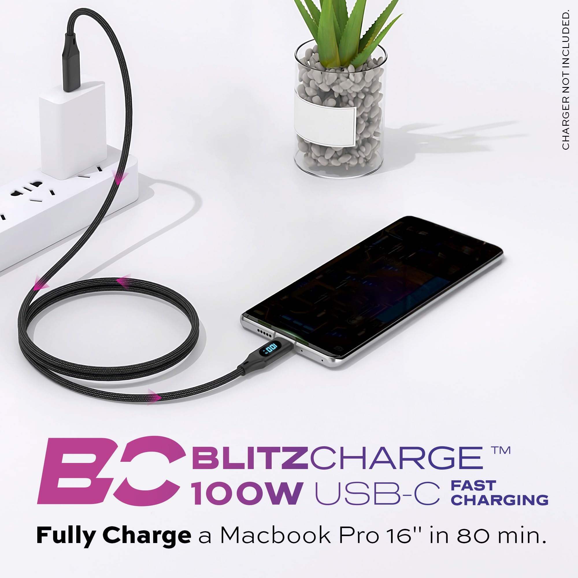 Statik TruCharge 100W USB C Cable with LED Digital Display and Silicone Organizer - Super Fast Charging Cable Type USBC to USBC - High Speed USB C 100W Cable with BlitzCharge Technology, 6FT/2M