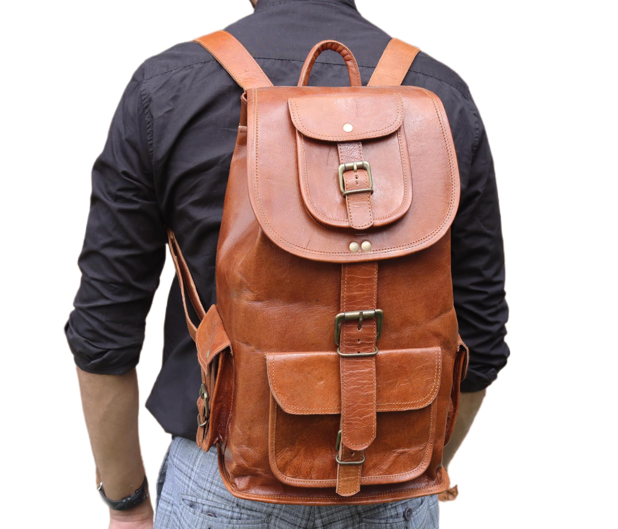 jaald 18" Leather Backpack Travel rucksack knapsack daypack Bag for men women