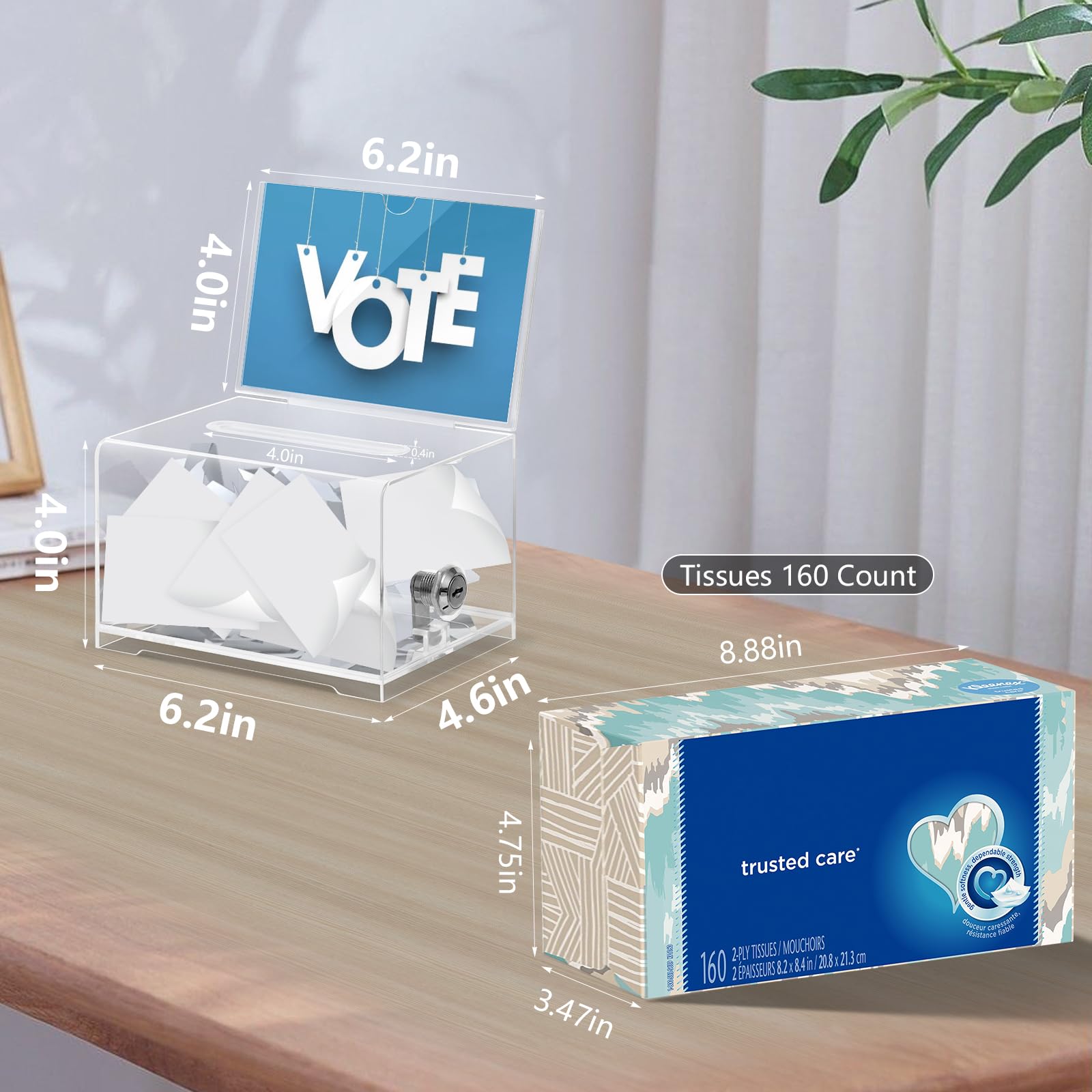 KYODOLED Clear Donation Box with Lock,Ballot Box with Sign Holder,Suggestion Box Storage Container for Voting, Raffle Box,Tip Jar 6.2" x 4.6" x 4.0"
