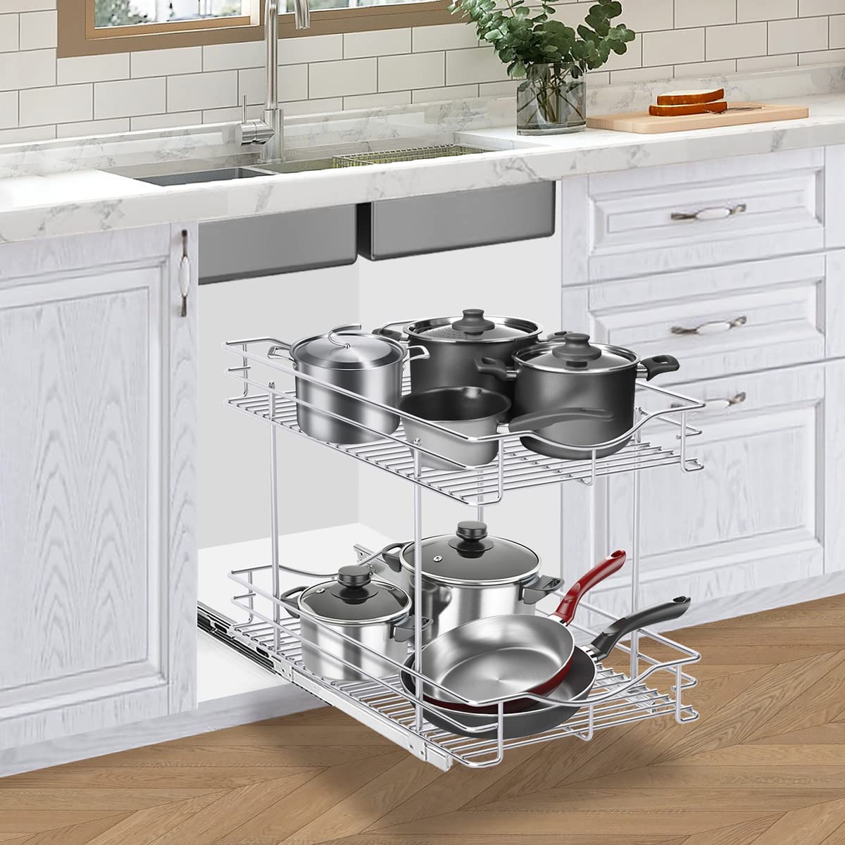 Fulgente Chrome Finish Pull Out Drawer Cabinet Organizer, Professional Wire Frame 2 Tier Heavy Duty Slide Out Kitchen Cabinet Storage Shelves, Sliding Pantry Shelf Bathroom 11"W x 21"D x 15.12''H