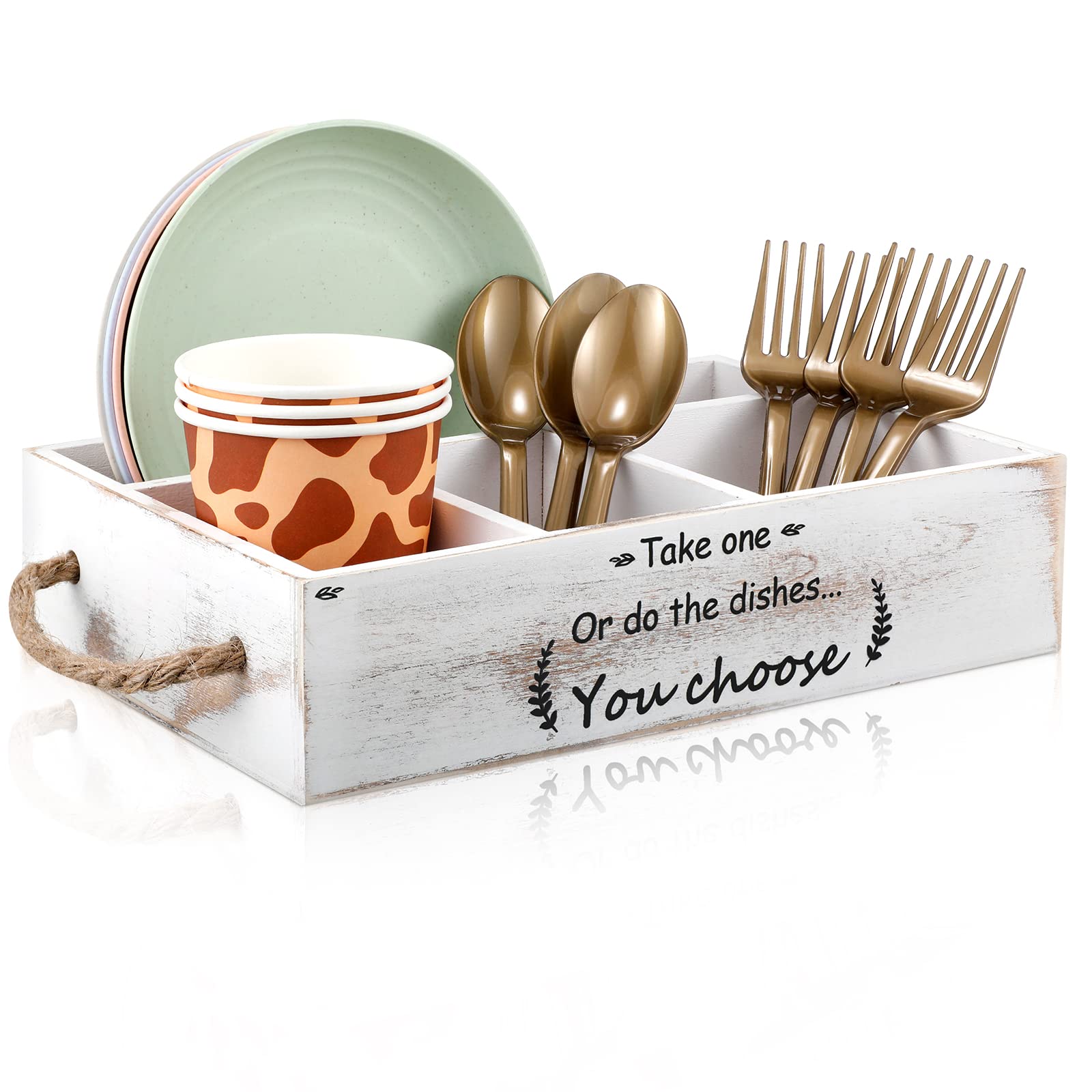 Paper Plate Holder Kitchen Countertop Plate Organizer Utensil Holder Rustic Utensil Caddy Paper Plate Dispenser Cutlery Holder Farmhouse Kitchen Decor with 4 Compartments for Flatware Spoon
