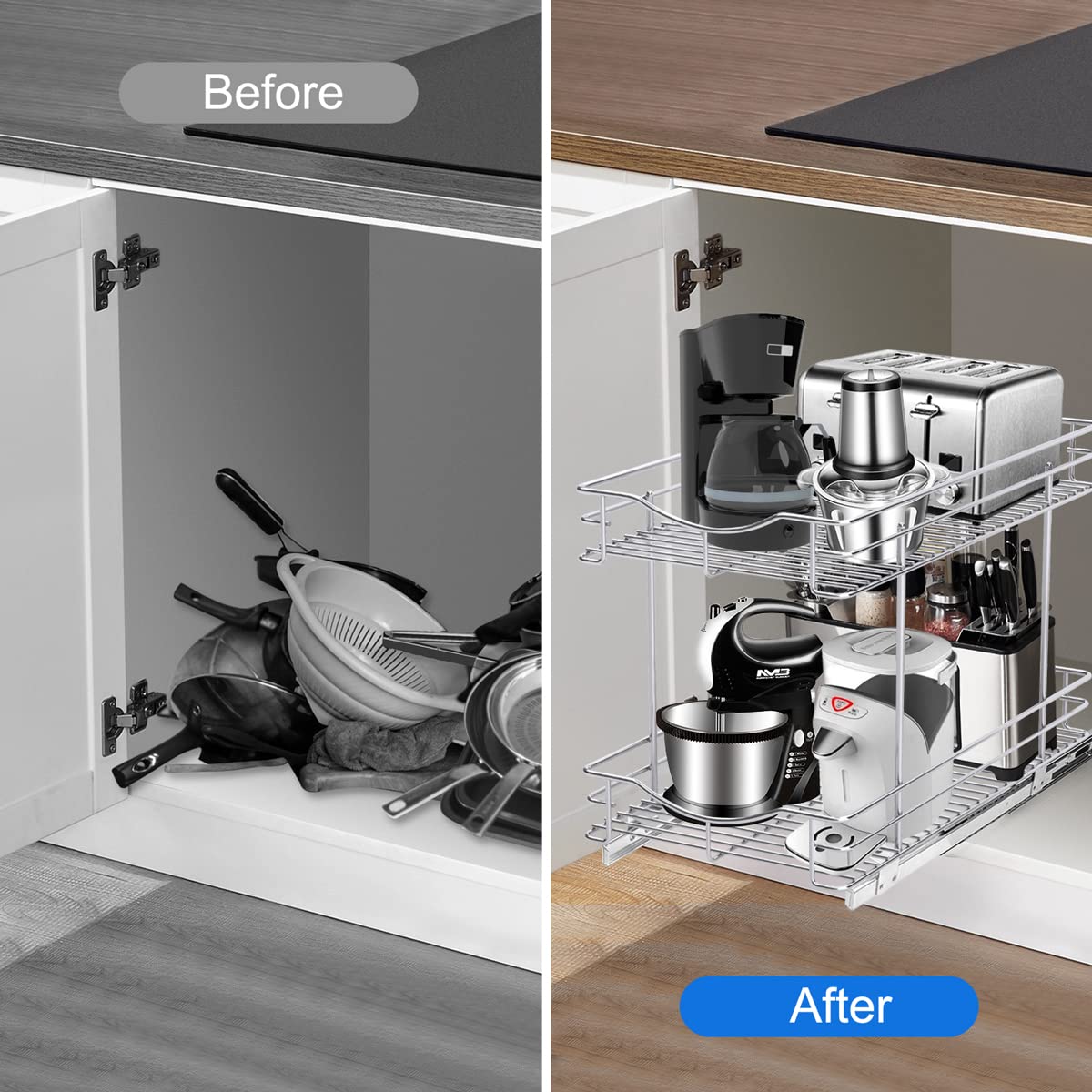 Fulgente Chrome Finish Pull Out Drawer Cabinet Organizer, Professional Wire Frame 2 Tier Heavy Duty Slide Out Kitchen Cabinet Storage Shelves, Sliding Pantry Shelf Bathroom 11"W x 21"D x 15.12''H