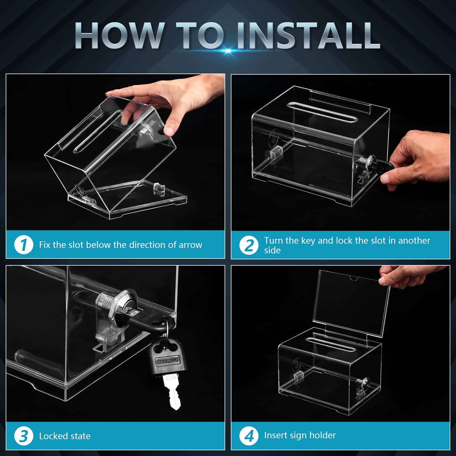 KYODOLED Clear Donation Box with Lock,Ballot Box with Sign Holder,Suggestion Box Storage Container for Voting, Raffle Box,Tip Jar 6.2" x 4.6" x 4.0"
