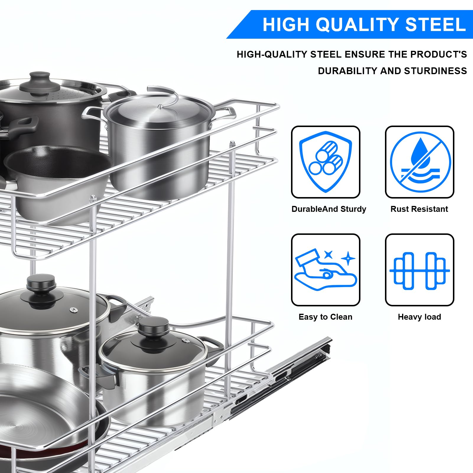 Fulgente Chrome Finish Pull Out Drawer Cabinet Organizer, Professional Wire Frame 2 Tier Heavy Duty Slide Out Kitchen Cabinet Storage Shelves, Sliding Pantry Shelf Bathroom 11"W x 21"D x 15.12''H