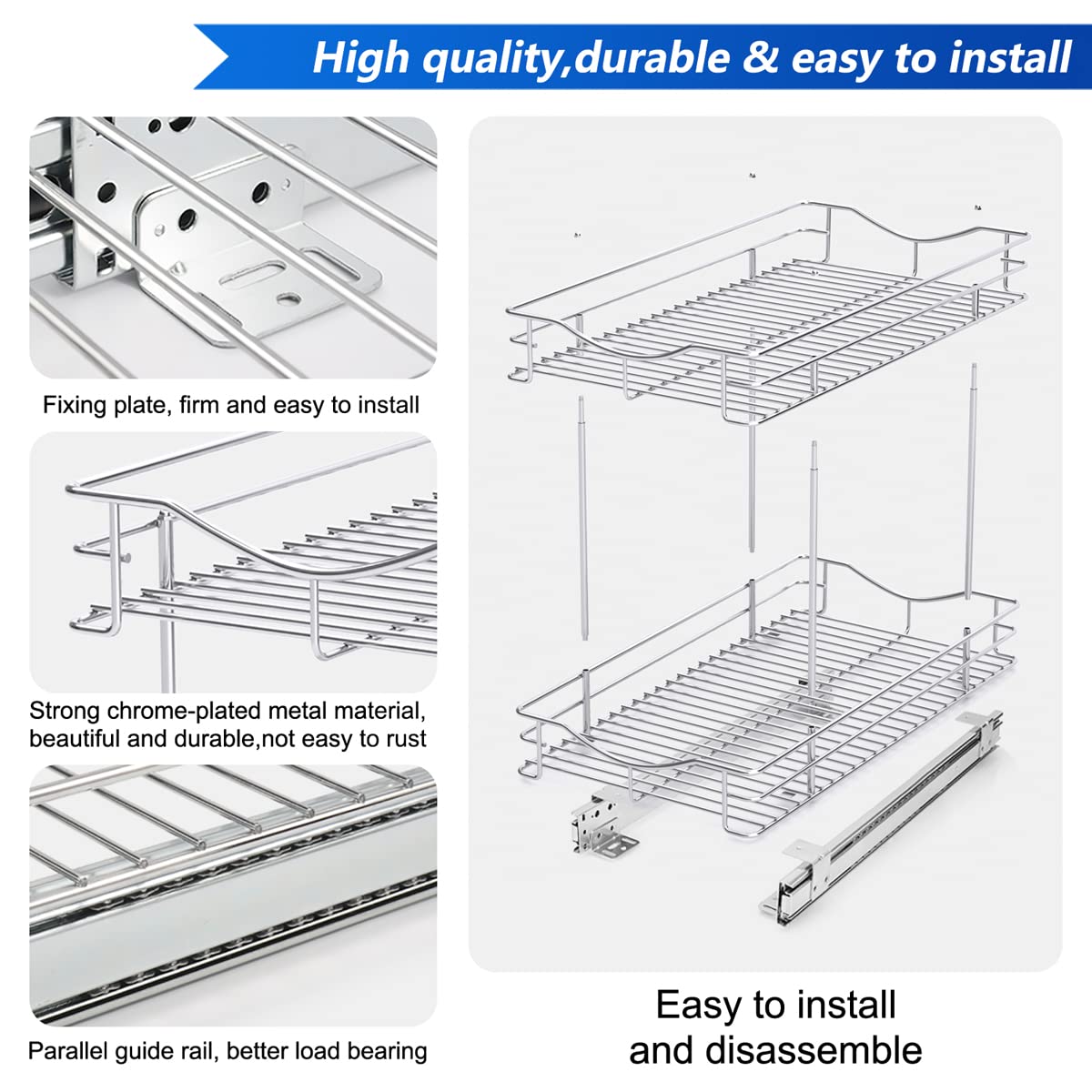 Fulgente Chrome Finish Pull Out Drawer Cabinet Organizer, Professional Wire Frame 2 Tier Heavy Duty Slide Out Kitchen Cabinet Storage Shelves, Sliding Pantry Shelf Bathroom 11"W x 21"D x 15.12''H
