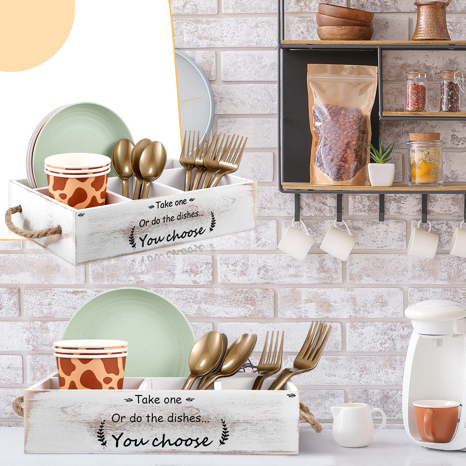 Paper Plate Holder Kitchen Countertop Plate Organizer Utensil Holder Rustic Utensil Caddy Paper Plate Dispenser Cutlery Holder Farmhouse Kitchen Decor with 4 Compartments for Flatware Spoon